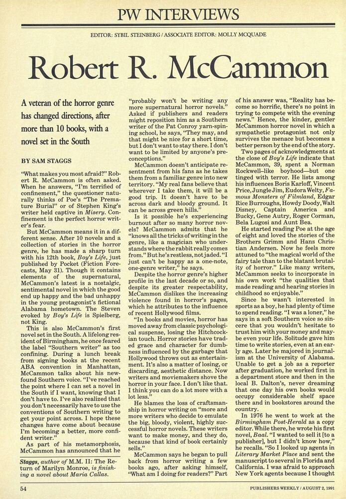 Robert McCammon » August 1991 Publishers Weekly Interview with McCammon